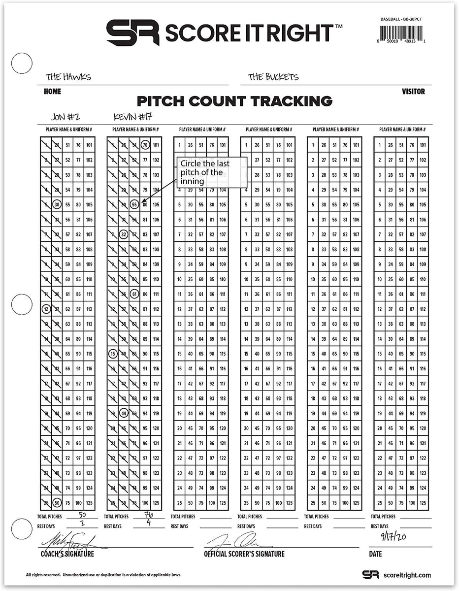 Pitch Count Tracker Size: 8.5" x 11" 3-Hole Drilled for Binders – Score ...